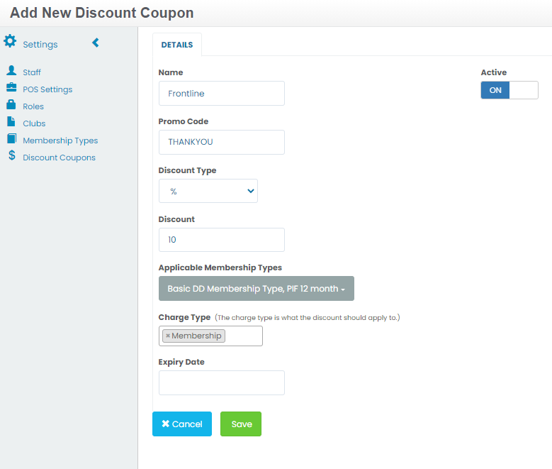 Create a MEMBERSHIP Discount Coupon as percentage – Clubfit Software